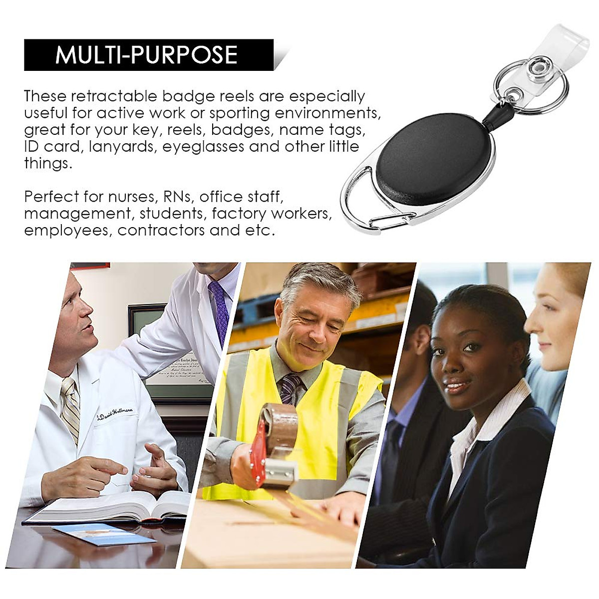 Retractable Badge Holder with Carabiner Reel Clip and Key Ring for ID Card Key Keychain Holders Black 10 Pieces by Moever