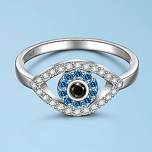Blue Evil Eye Ring Sterling Silver Spiritual Turkish Third Eye Rings for Women Mal De Ojo Greek Protection Nazar Amulet Sapphire Jewelry Gift Size 8