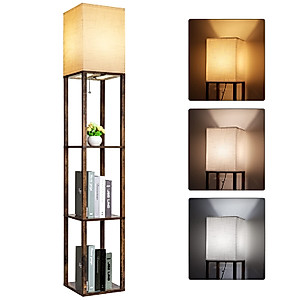 RUNTOP Floor Lamp with Shelves, Modern Shelf Floor Lamp for Display Storage, 3 Color Temperature Wood Narrow Standing Corner Lamp with 8W Bulb for Living Room, Bedroom, Office(Brown)