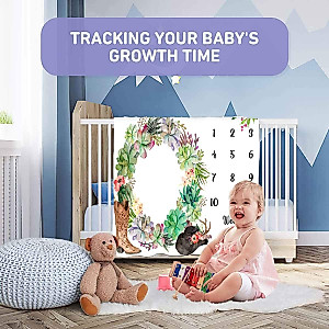 PHMOJEN Baby Monthly Milestone Blanket, Western Cowboys Floral Wreath Age Blanket for Nursery, Unisex for Newborn 1-12 Months, Includes 4 Frame and 1 Headband 47"x47" BTLSPH463
