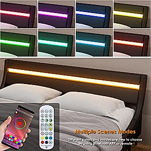 Keyluv Modern Upholstered Platform Bed Frame with LED Lights Headboard, Faux Leather Wave-Like Platform Bed Frame,Strong Wood Slats Support, Easy Assembly, Black, Queen Size