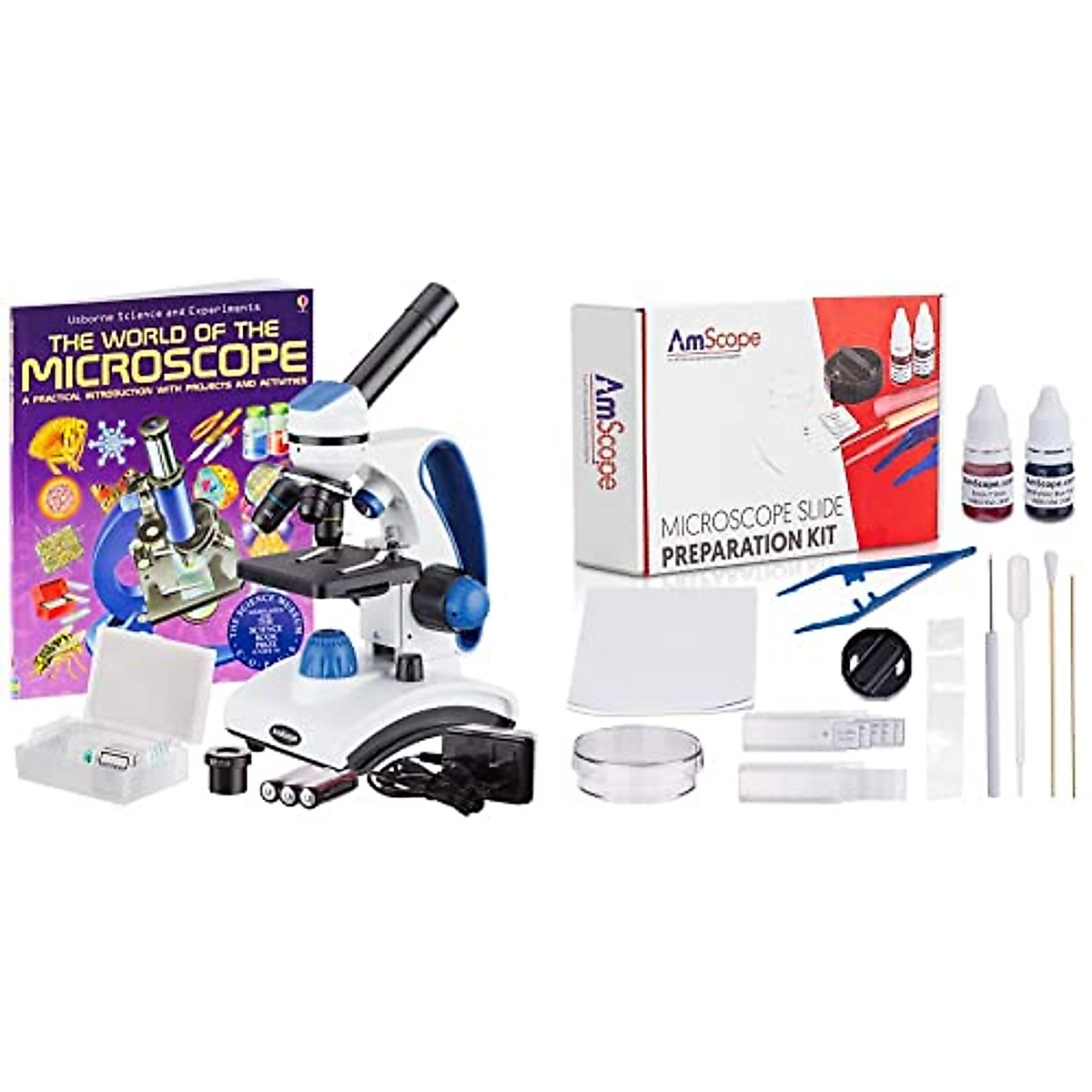 AmScope M162C-2L-PB10-WM Awarded 2018 Best Students and Kids Microscope Kit & SP-14 Microscope Slide Preparation Kit Including Stains