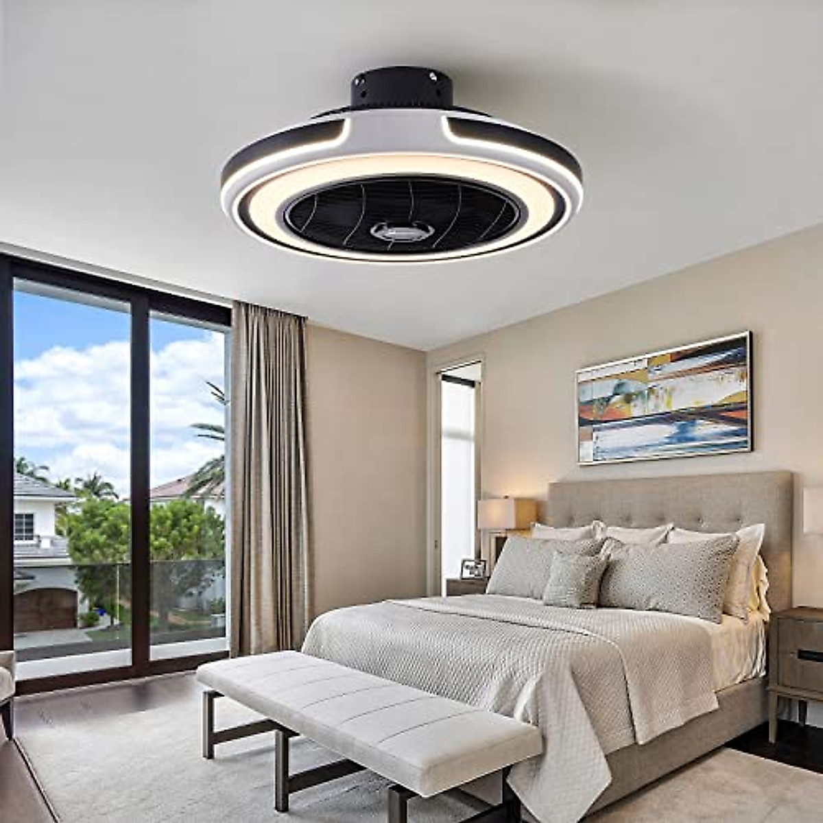 HuixuTe 21 in Modern Ceiling Fan with Light Remote Control, 3 Colors 3 Speeds Enclosed Ceiling Fan, Low Profile Fush Mount Ceiling Fan with Light for Bedroom Living Room