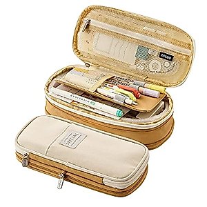 CENGNIAN Students School Pencil Case, Big Capacity Office Stationery Bag for Men, Zipper Organizer Pouch, Durable Pencil Box for Students, Makeup Storage Organizer Holder for Women (Khaki)