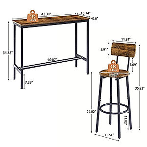 GNIXUU 3 Piece Pub Dining Set, 43" Rectangular Bar Bistro Table and 2 Bar Stools with Backrest, Industrial Wood Breakfast Table Set for Kitchen Nook, Apartment, Small Space(3, 43Inch)