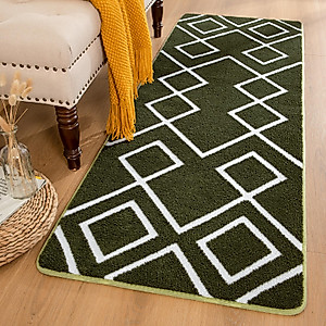 Rtizon Runner Rug for Bedroom, 2x6 Feet Green Shag Area Rugs with Memory Foam for Hallway Bedside, Fluffy Shaggy Machine Washable Moroccan Geometric Carpet for Dorm Living Room Laundry