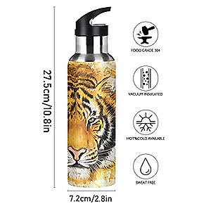 Tiger Water Bottle Kids Thermos Bottle with Straw Lid Animal Kids Insulated Stainless Steel Water Flask Leakproof Thermos Bottle for Gym Outdoor 20 oz