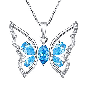 YL Butterfly Necklace for Women 925 Sterling Silver Created Aquamarine Butterfly Pendant Jewelry Gifts