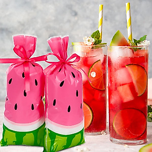 Whaline 100Pcs Watermelon Treat Bags Pink Green Candy Cellophane Bag 10.8 x 5 Inch Watermelon Plastic Goody Bags with Red Ribbon for Birthday Watermelon Party Favor Supplies Gift Summer Decoration