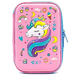 SOOCUTE Crown Unicorn Gifts for Girls - Cute Big Size Hardtop Pencil Case with Compartment - Kids School Supply Organizer Stationery Box Zipper Pouch (Light Pink)