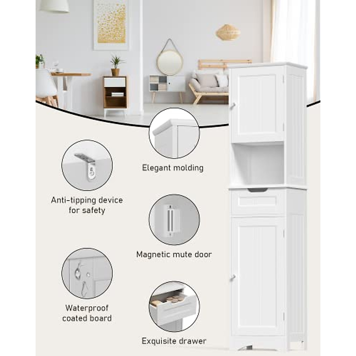 Gizoon 67" H Tall Bathroom Storage Cabinet w/ 2 Doors & 1 Drawer, Narrow Linen Tower Freestanding w/Adjustable Shelves for Home, Kitchen, Versatile, Anti-Tipping, White