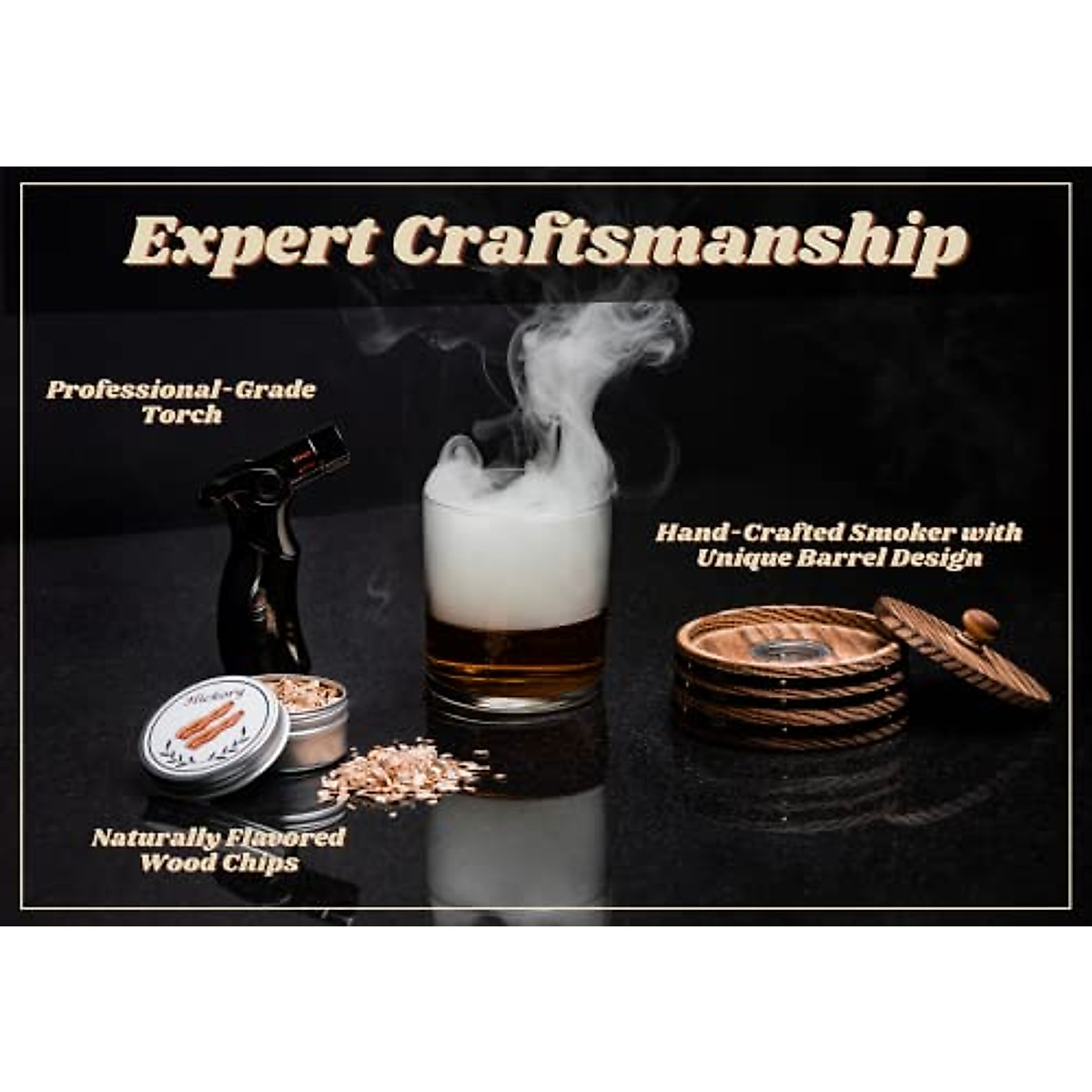 Whiskey Barrel Design Cocktail Smoker Kit with Torch and 4 Flavored Wood Chips (Oak, Hickory, Mesquite, and Cherry) - Old Fashioned Cocktail Kit/Bourbon Smoker Kit; Whiskey Smoker, Bourbon Gifts for Men (No Butane)