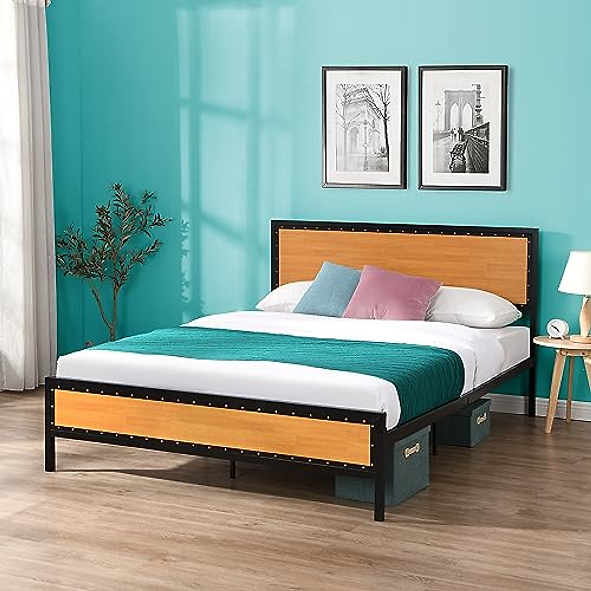 HAUSHECK Queen Size Platform Bed Frame, Industrial Stlye Metal Bed Frame w/Headboard & Footboard, Bedframe No Box Spring Needed for Kids, Teen, Adults, Strong Steel Slat Support Mattress Foundation