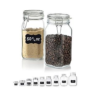Bormioli Rocco - Food Storage Container - Glass Fido Jars - Hermetic Sealed Hinged Airtight Lid for Fermenting, With Paksh Chalkboard Labels 50 3/4 Ounce (1.5 Liter)