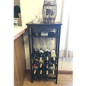URFORESTIC Bamboo Wine Rack Free Standing Wine Holder Display Shelves with Glass Holder Rack, 16 Bottles Stackable Capacity for Home Kitchen