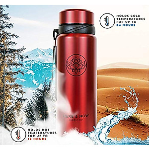 25 oz Multi-Function Travel Mug and Tumbler | Tea Infuser Water Bottle | Fruit Infused Flask | Hot & Cold Double Wall Stainless Steel Coffee Thermos | by Here & Now Supply Co. (Sacred Red)