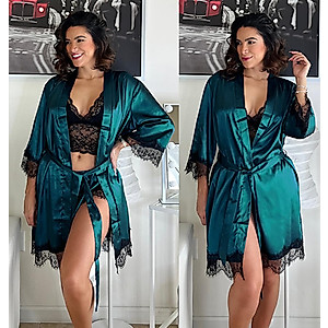 MAXMODA Sexy Pajamas Lace 3 piece Pjs Sets for Women Cami Shorts Lingerie Set with Silk Robe Bridal Sleepwear Dark Green