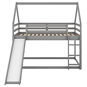 Bellemave Twin Over Twin House Bunk Bed with Slide, House Bunk Bed Kids Bunk Bed with Roof and Ladder for Kids Girls Boys (Grey)