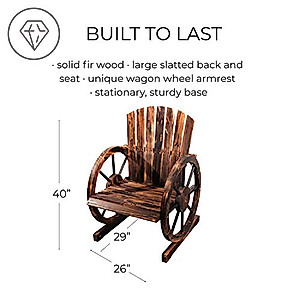 Wooden Wagon Wheel Chair Rustic Armrest Chair Outdoor Patio Furniture Wood Adirondack Chair, Slatted Seat for Garden Country Yard, Burnt-Finished - Backyard Expressions