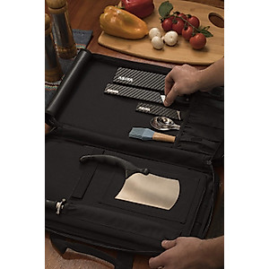 Asaya Chef Knife Bag - 28 Pockets for Knives and Kitchen Utensils - Durable Ballistic Nylon, Black Stainless Steel Hardware, Card Holder and Adjustable Shoulder Strap - Knifes not Included (Black)