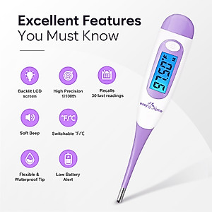 Easy@Home Digital Basal Thermometer with Large Backlight LCD Display, 1/100th Degree High Precision and Memory Recall, NOT Bluetooth Enabled,Upgraded EBT-100B-P (Purple)