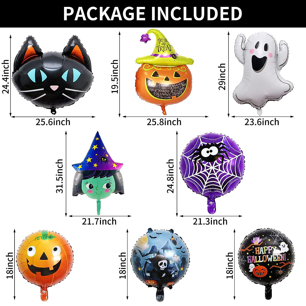 Halloween Foil Balloons 8pcs Large Size Mylar Foil Balloon Set Cute Round Pumpkin Black Cat Spider Web Witch Ghost for Halloween Party Favor Decoration, Home Decor Supplies