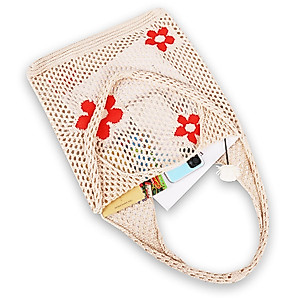 Arcimatto Crochet Tote Bag, Women Summer Aesthetic Mesh Beach Bags, Girls Hobo Bags Y2k Purse Fairy Grunge Accessories (Beige Flower)