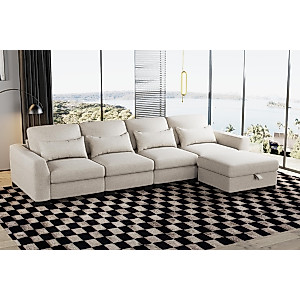 Lonkwa 130" Modular Sectional Sofa Couch, Beige Convertible L-Shaped Couch with 4 Pillow, 4 Seat Modern Fabric Modular Sectional Couch with Storage Ottoman, Sectional Couches for Living Room