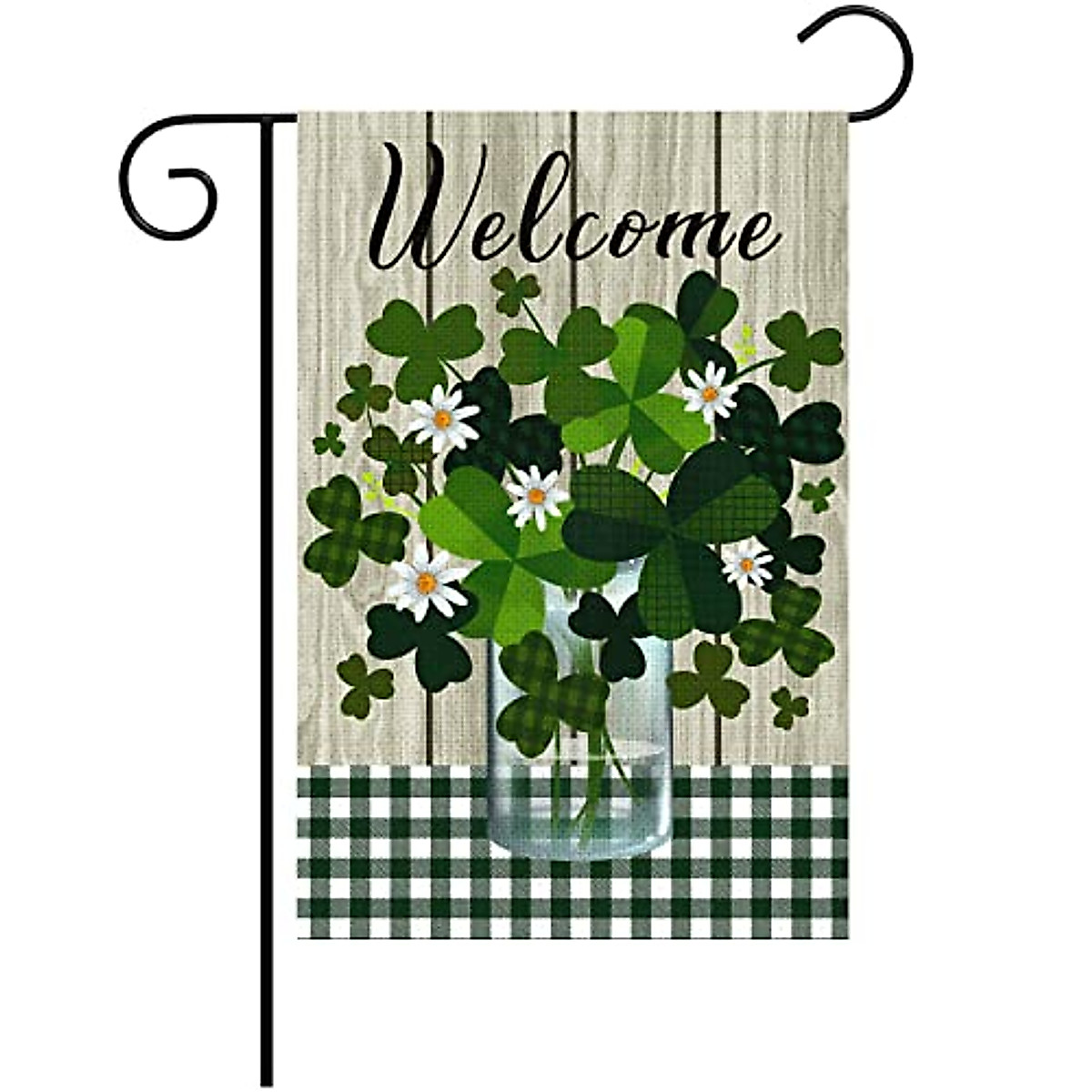 Heyfibro Welcome St Patrick's Day Garden Flag 12 x 18 Inch Double Sided with Vase Shamrocks Pattern Burlap Checkered Holiday House Yard Flag St. Patrick's Sign for Spring Outdoor Decoration(ONLY FLAG)