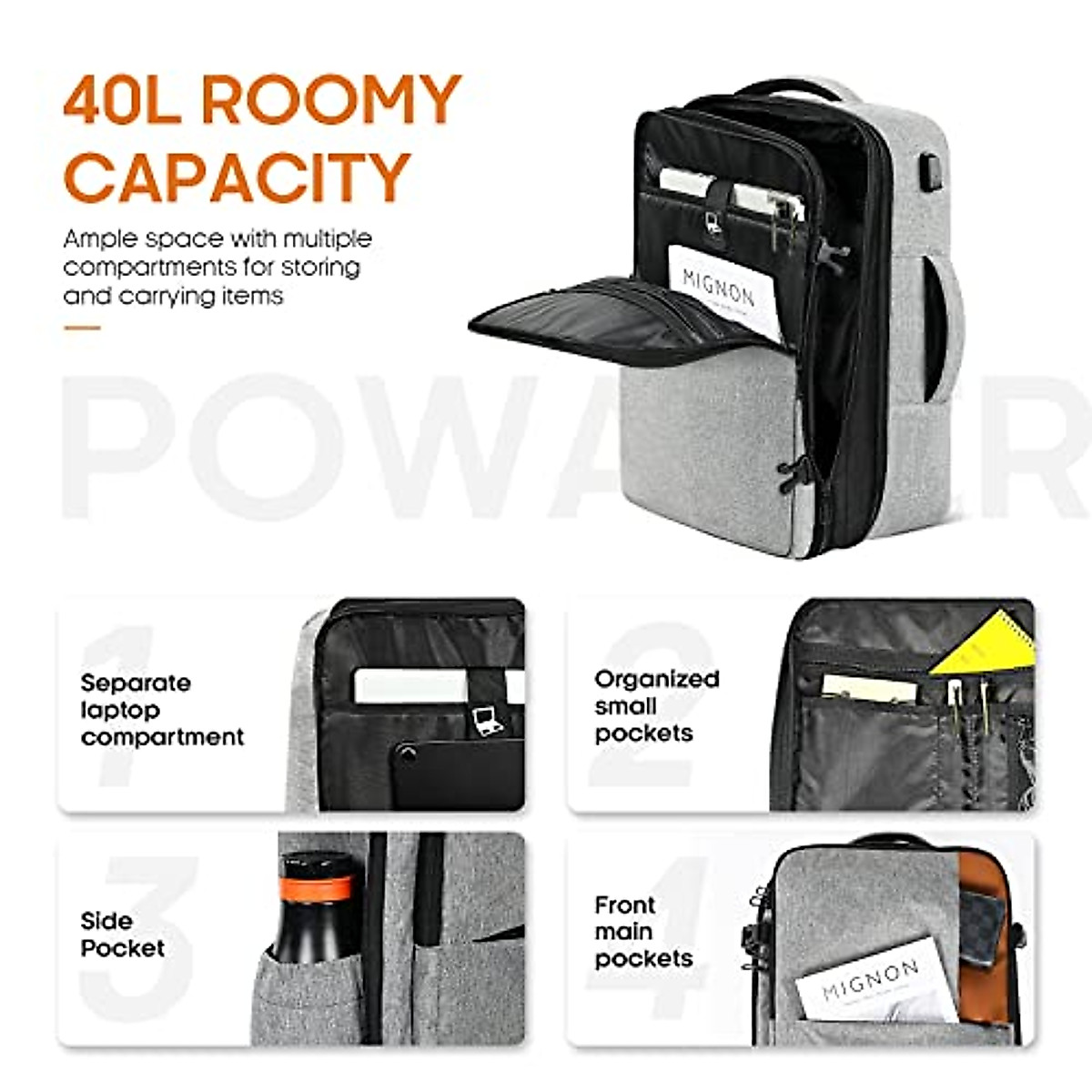 POWAITER Travel Backpack for Women Men, Carry On Backpack Flight Approved Fits 17 Inch Laptop with 4 Packing Cubes for Travel & Business Trip-Gray