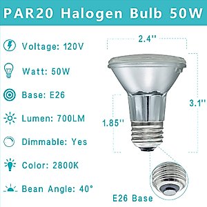 EKSAVE PAR20 Halogen Bulb 120V 50W Ecohalogen(70W Equivalent) with E26 Medium Base, High Output 700 Lumens Flood Bulbs Dimmable,2800K Warm White (2Pcs)