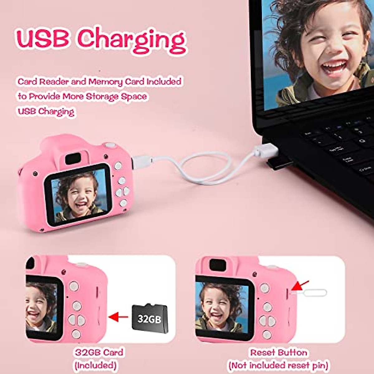 Kids Camera, Toddler Camera Children Digital Camera Toys with 13MP Video Camcorder 32GB SD Card and Camera Case for 3–10 Year Old Boys and Girls Pink