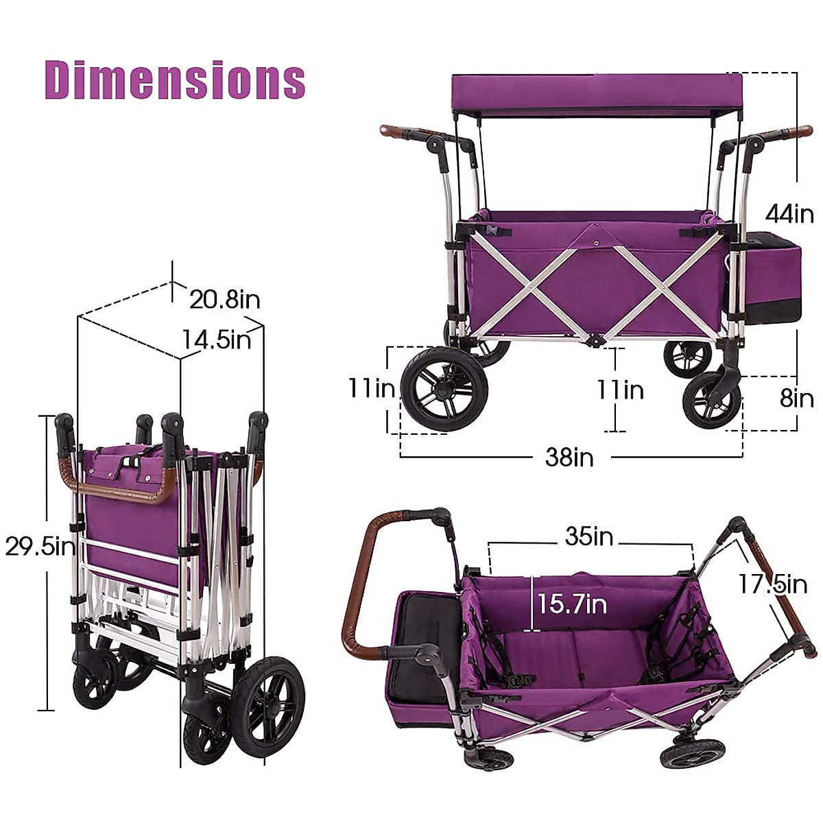 Unichart Push Wagon Stroller 2 Passenger Flodable Baby Stroller with Adjustable Handle Bars, Rain Cover, Carrying Bags & Basket, Double Seats with 5-Point Harness(Large, Purple)