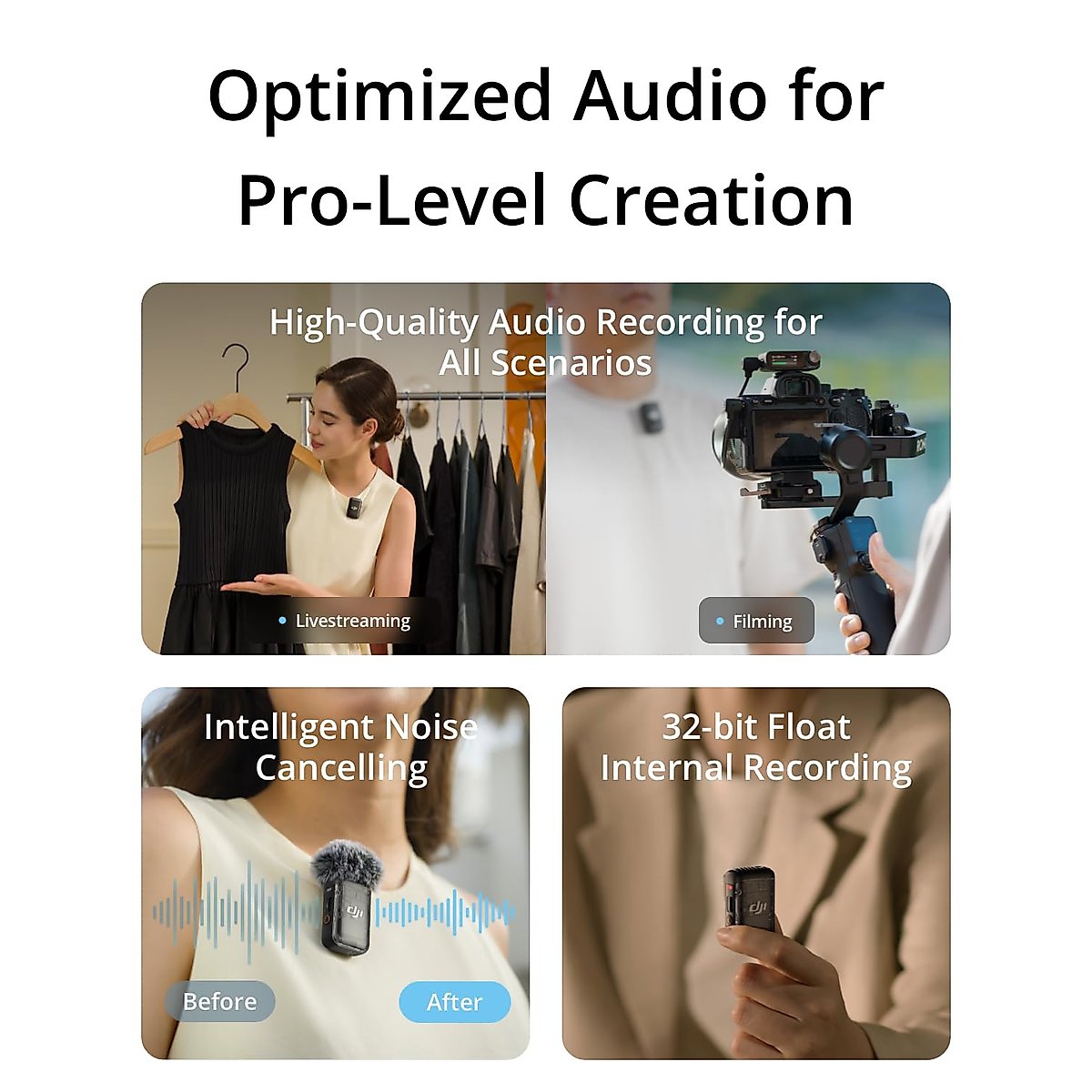 DJI Mic 2 (2 TX + 1 RX + Charging Case), Wireless Lavalier Microphone, Intelligent Noise Cancelling, 32-bit Float Internal Recording, 820 ft.(250m) Range, Microphone for iPhone, Android, Camera