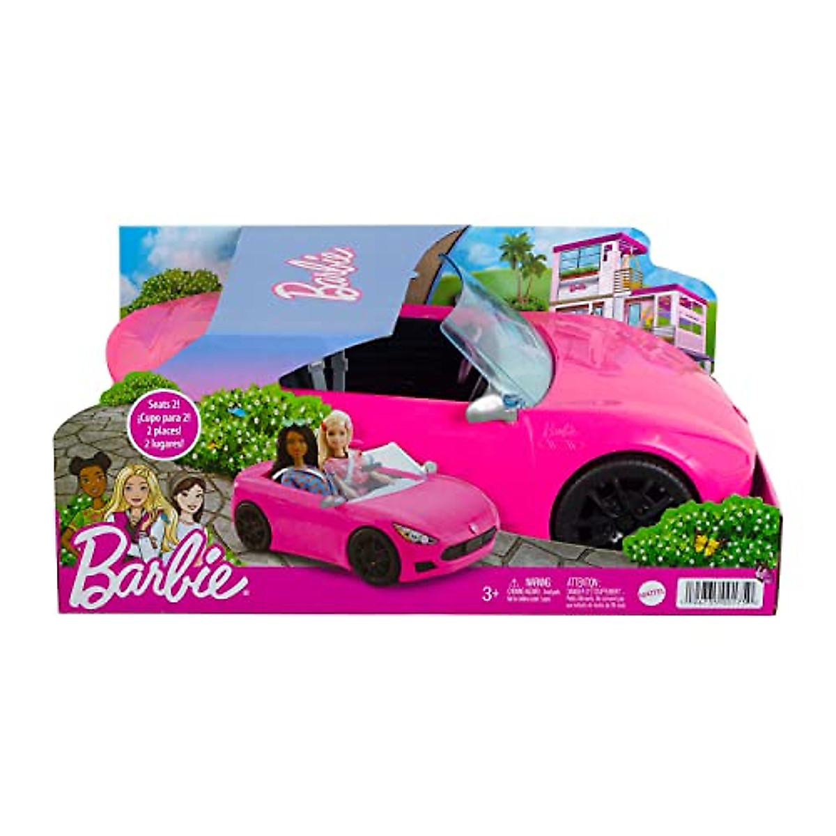 Barbie Toy Car, Bright Pink 2-Seater Convertible with Seatbelts and Rolling Wheels, Realistic Details