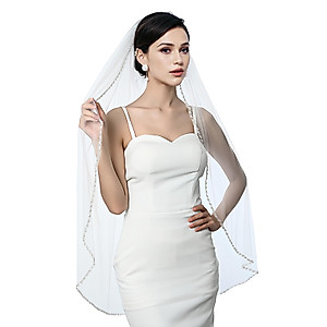 GAODESI Wedding Veil Pearls and Crystals Beaded Edge 1 Tier Fingertip Length Bridal Veil