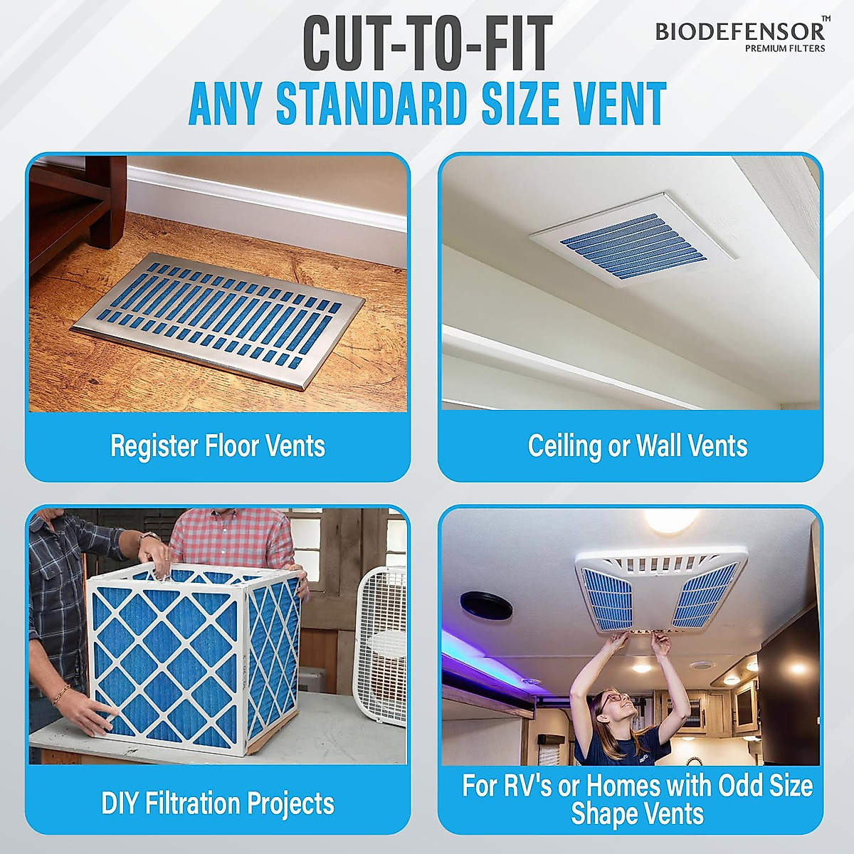 Biodefensor Air Vent Filter Kit - Made in USA Large 90"x20" MERV 6 Electrostatic Roll, Cut to Fit All Floor Registers, Grilles, Ceiling, Wall HVAC Furnce Vents - Includes Adhesive Hook Tape, Prep Pad