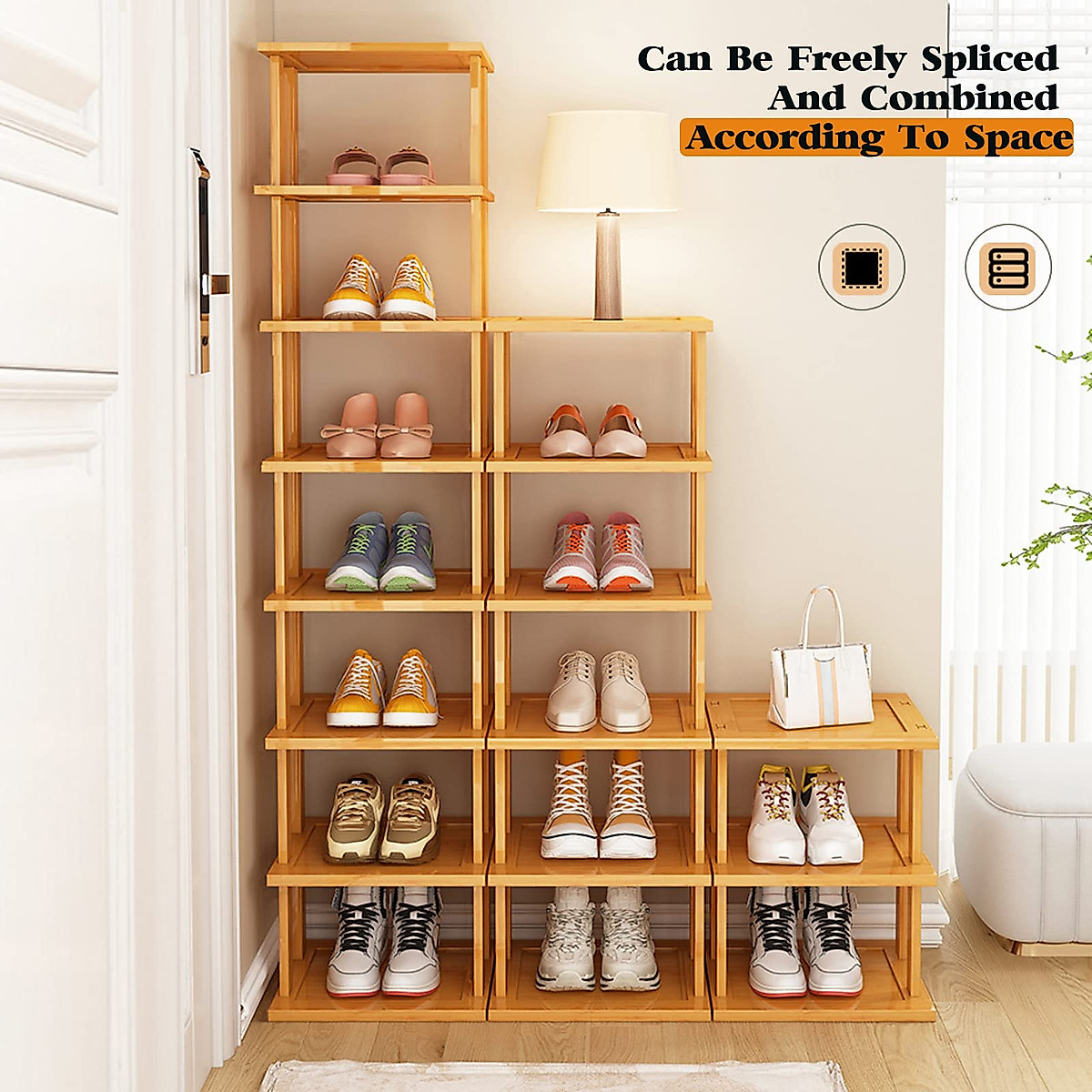 Bamboo Shoe Rack 17 Tier- Vertical Shoe Rack for Small Spaces, Tall Narrow Shoe Rack Organizer for Closet Entryway Corner Garage and Bedroom,Skinny Shoe Shelf with Free Stackable DIY