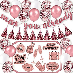 Going Away Party Decorations Kit |"Miss You Already!" Banner | 10 Going Away Party Photo Booth Props | Rose Gold Tassels | 10 Rose Gold Confetti Balloons 5 Rose Gold Balloons