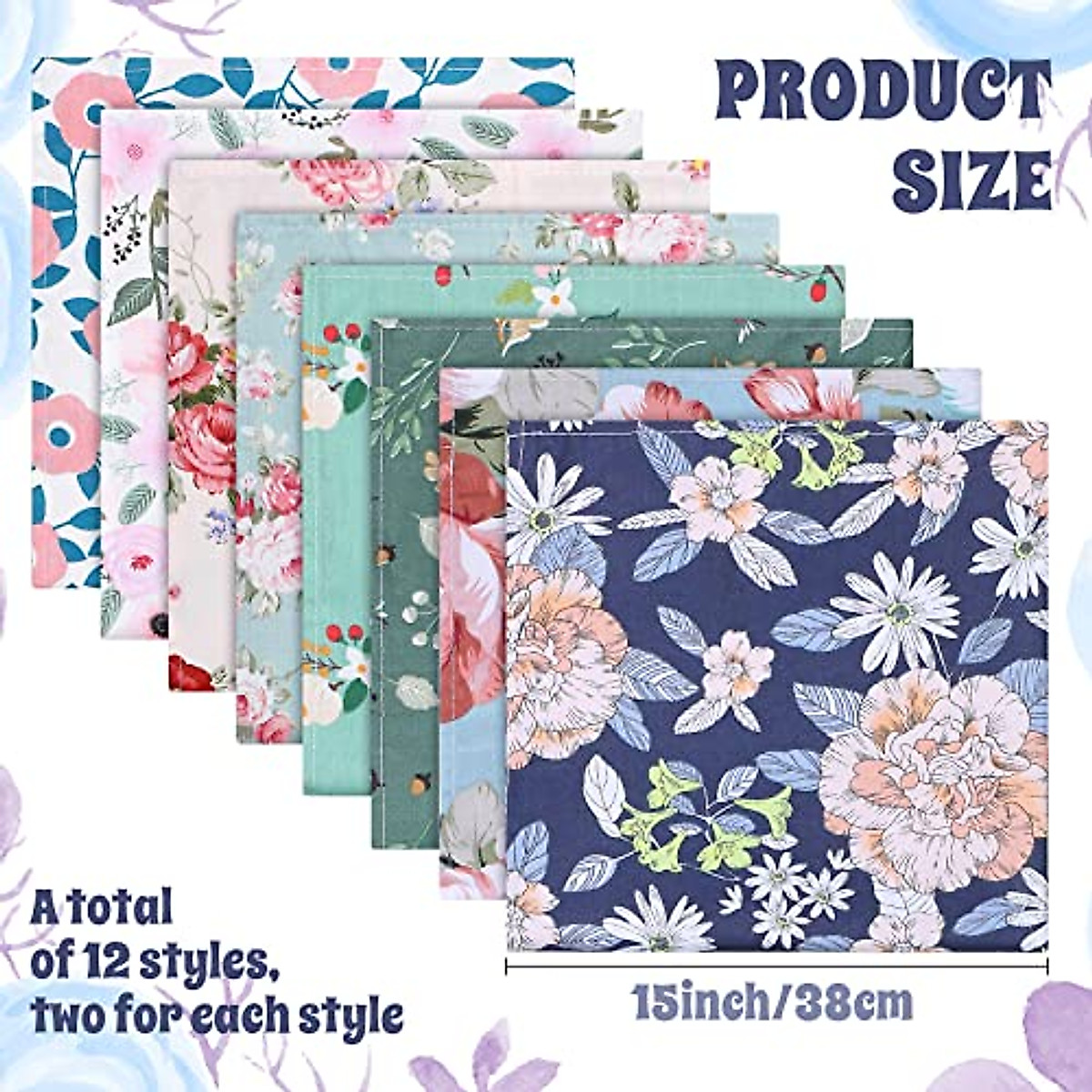 24 Pcs Dinner Napkins Kitchen Cotton Napkins Floral Print Table Napkins Cloth Washable for Family Dining Cocktail Parties Wedding Use Spring Fall Christmas Thanksgiving Party Dish Plates, 15 x 15 Inch
