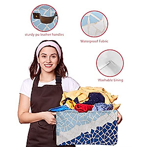 Storage Organizer Bins Set of 2 Storage Baskets for Clothes on Shelves With Handles Tile Pattern Marble Indigo Blue Rectangular Fabric Laundry Baskets for Organizing