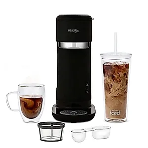 Mr. Coffee Iced and Hot Coffee Maker, Single Serve Machine with 22-Ounce Tumbler and Reusable Coffee Filer, Black