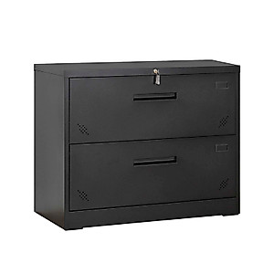 Modern Metal Lateral File Cabinet with Lock, Locking Wide File Cabinet with Large Drawer, Large Deep Storage Cabinet Locked by Keys for Home Office Letter/Legal/F4/A4 Size (Black2)
