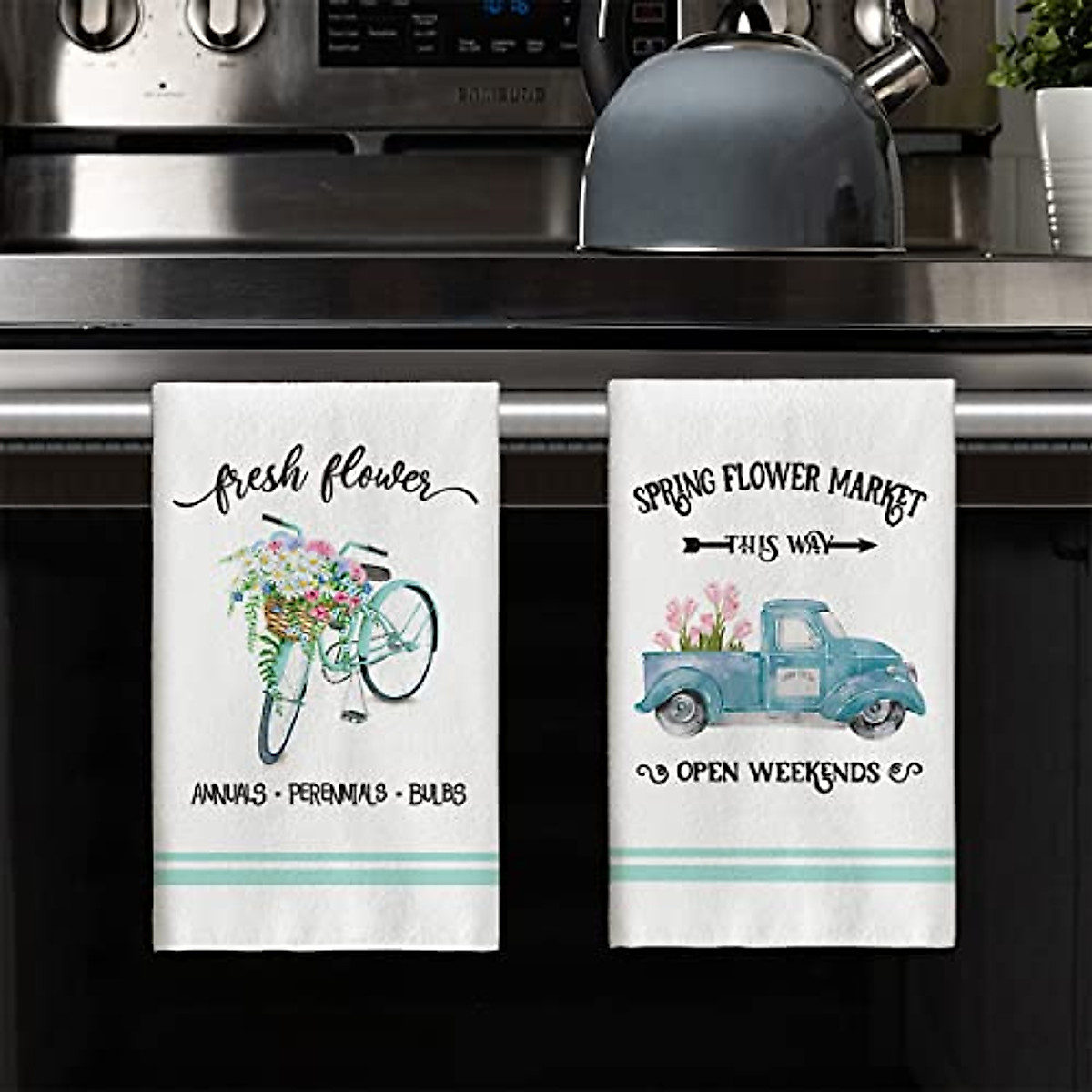 Artoid Mode Spring Flowers Bicycle Truck Kitchen Dish Towels, 18 x 26 Inch Seasonal Spring Ultra Absorbent Drying Cloth Tea Towels for Cooking Baking Set of 2