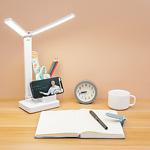 LED Double Head Desk Lamp, Small Desk Lamp for Home Office, White Desk Light for Kids, Desk Lamps with 3 Lighting Modes, Pen Holder, 60 inch Long Cable,Table Lamp for Reading, Studying, Dormitory