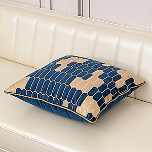 Aeckself Geometric Plaid Velvet Pillow Cover 20x20 Inch, Modern Square Leather Embroidered Decorative Throw Pillow Cover for Couch Living Room Bedroom, Navy Blue Beige