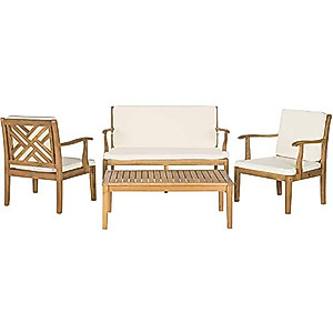 SAFAVIEH Outdoor Living Collection Bradbury 4-Piece Outdoor Living Set, Natural/Beige, Chair: 25.6" x 24.8" x 31.9" Bench: 48.4" x 24.8"