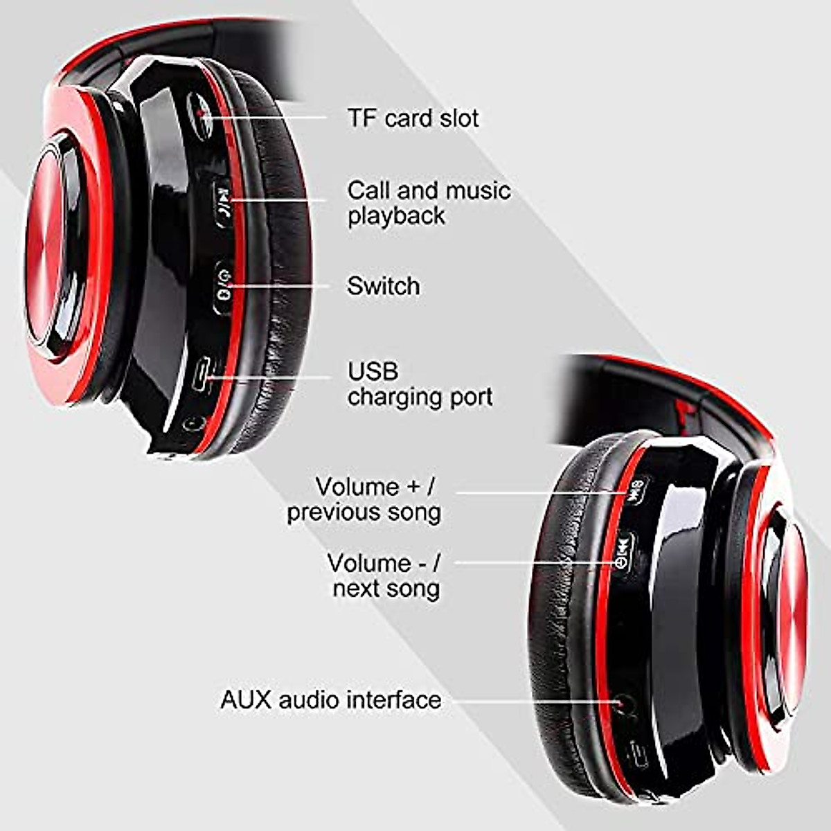 TPSKY Bluetooth Headphones Over Ear Headphones with Deep Bass LED Foldable Stereo Headphones for Smart Phone/TV/PC (Red/Black)