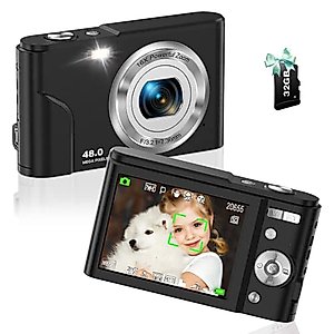 Digital Camera, Upgraded 48MP Autofocus FHD 1080P Small Digital Camera for Kids Video Camera with 32GB SD Card 16X Digital Zoom, Compact Point and Shoot Vlogging Camera for Teens Students Adult