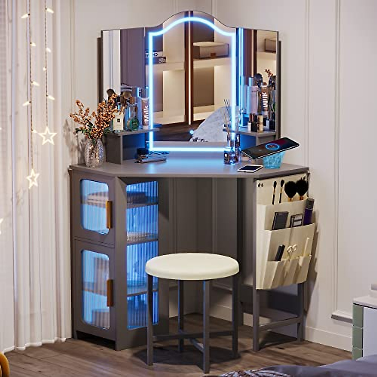 LVSOMT Vanity Desk with Mirror and Lights, Makeup Vanity with Charging Station, Dressing Table with 3 Lighting Options, Vanity Set with Drawers, Women’s Corner Vanity table, Grey